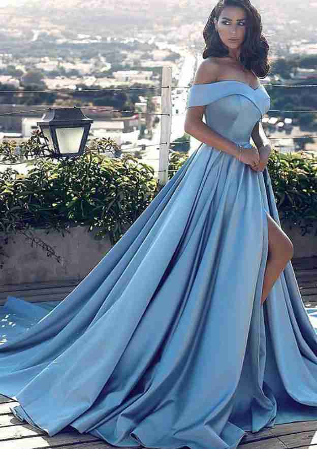 A-line/Princess Off-the-Shoulder Sleeveless Court Train Satin Prom ...