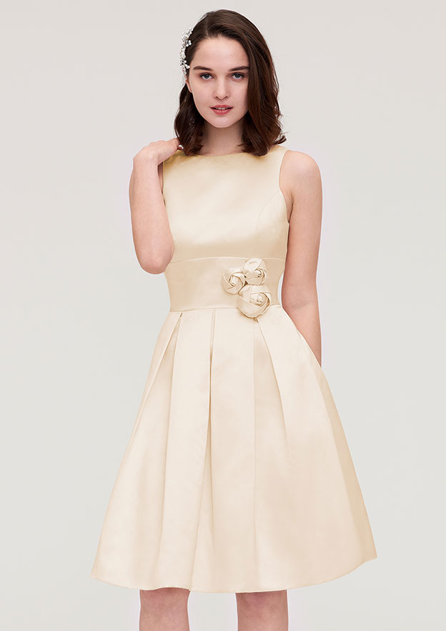 Sleeveless Bateau Knee Length Satin A Lineprincess Bridesmaid Dress With Pleated Flowers