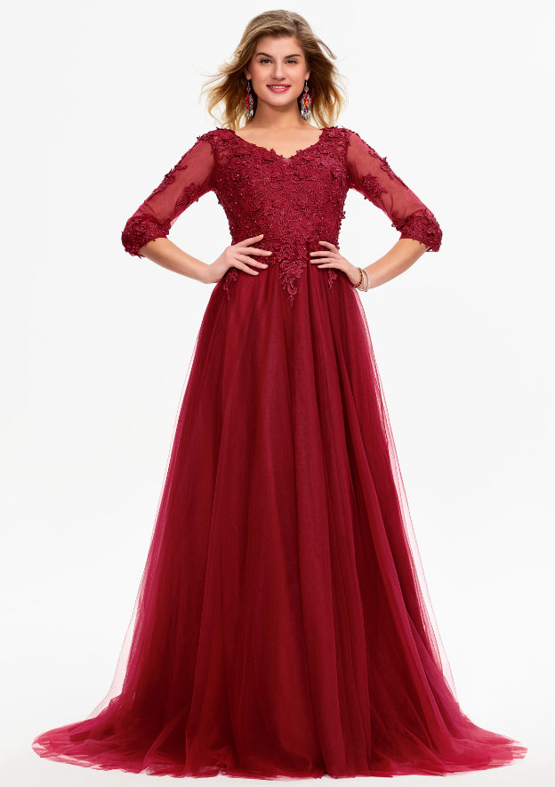 A-line Princess Ball Gown V Neck Tulle Sweep Train Prom Dress With ...