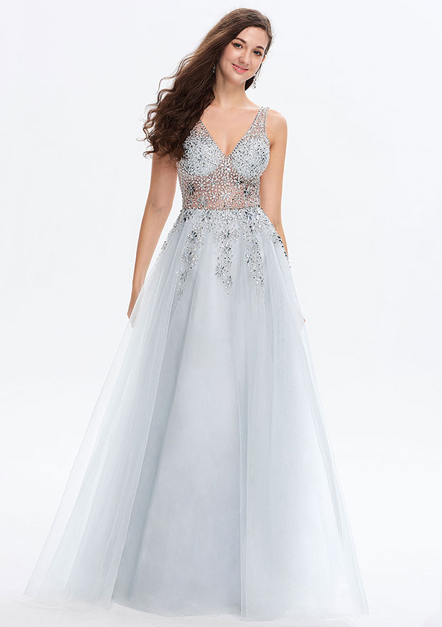 A-line V Neck Tulle Floor-Length Prom Dress With Beading Sequins ...