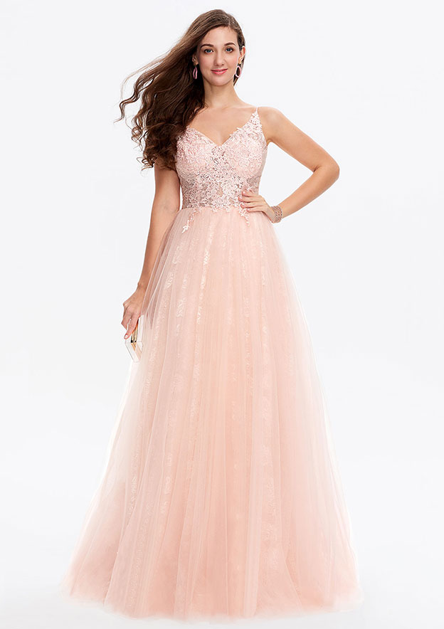 A-line Princess V Neck Sleeveless Lace Tulle Satin Sweep Train Prom ...
