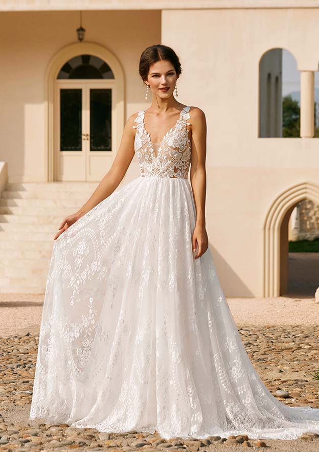 STACEES ANNIE WEDDING DRESS A-line V Neck Court Train Lace - Wedding Dresses - Stacees.co.uk