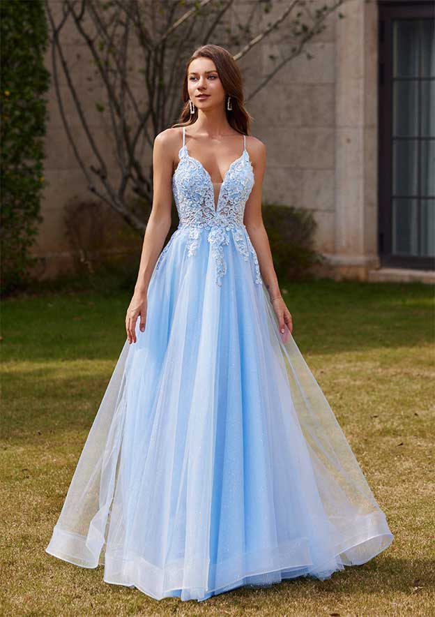A-line Tulle Prom Dress V Neck Floor-Length with Appliqued Beading ...