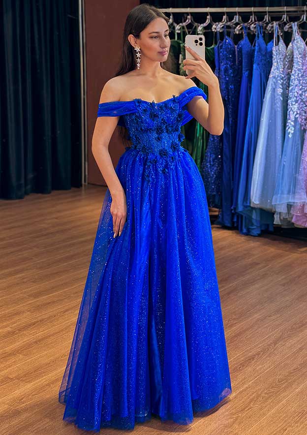 A Line Off The Shoulder Short Sleeve Floor Length Tulle Prom Dress With