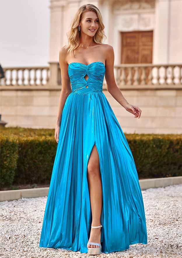 A-line Metallic Prom Dress Sweetheart Floor-Length with Pleated Split ...