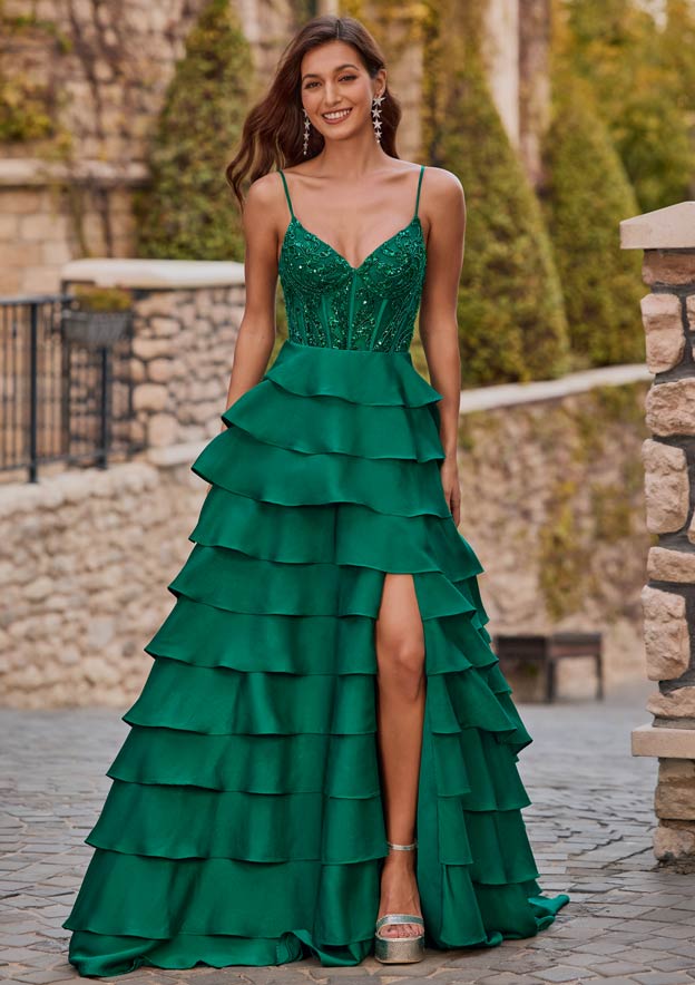 A-line V Neck Stretch Satin Sweep Train Prom Dress with Beading Ruffles ...